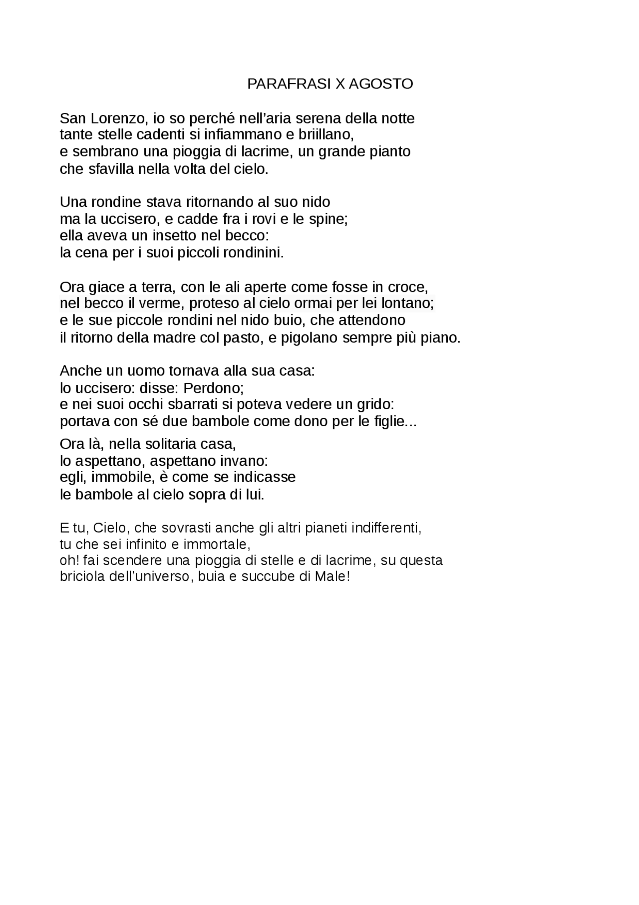 La notte di San Lorenzo X agosto di Giovanni Pascoli – MASSIMO EMANUELLI